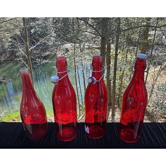Greenbrier | Dining | 3 Bormioli Rocco Italy Round Red Bar Glass Bottles Clamp On Lid Beautiful ...